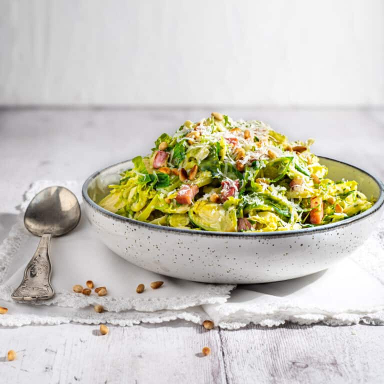 Creamy, Shredded Brussels Sprouts with Pancetta and Parmesan